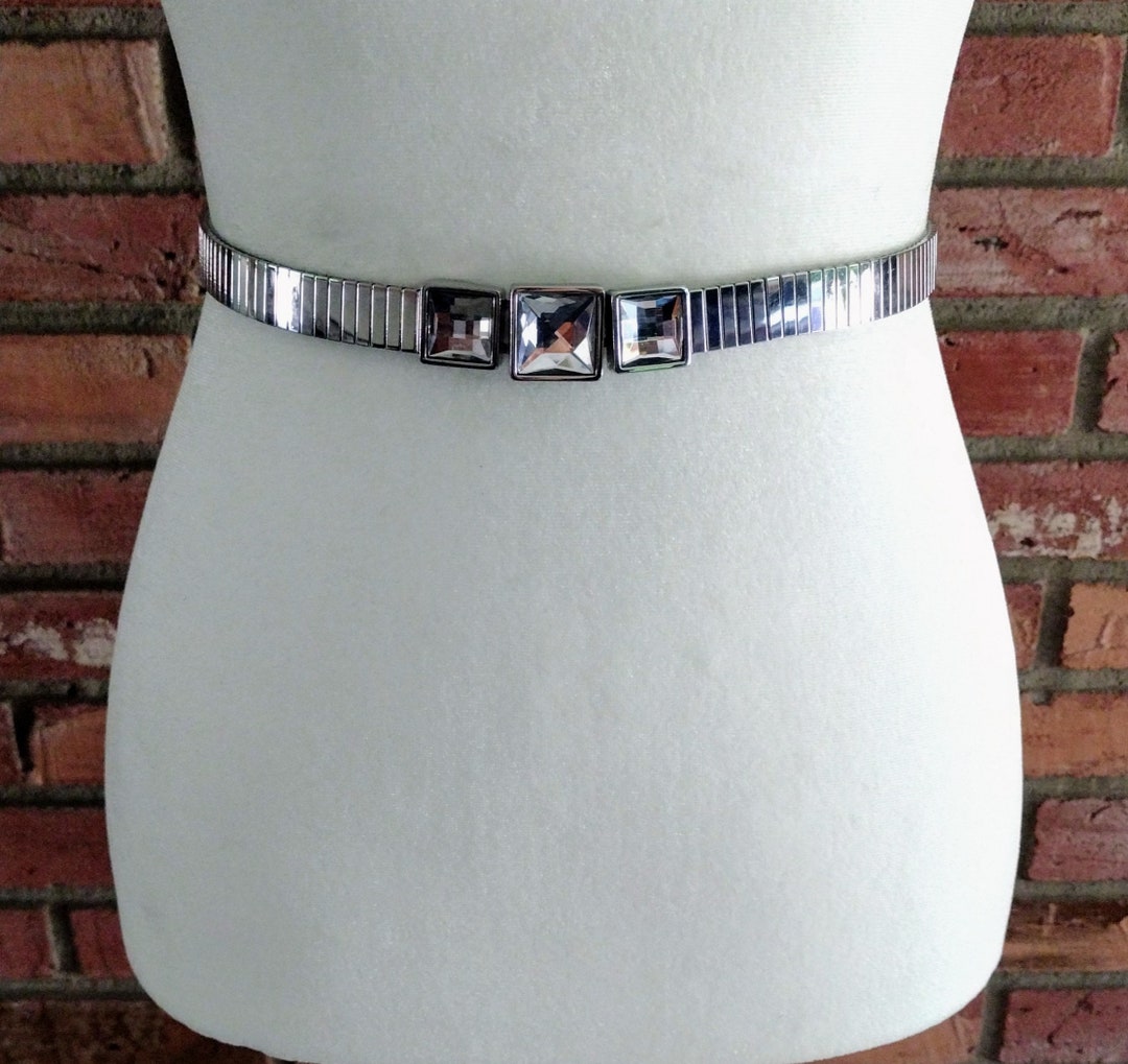 Vintage Metal Belt Shiny Silver Metal Stretch Clear Square Large ...