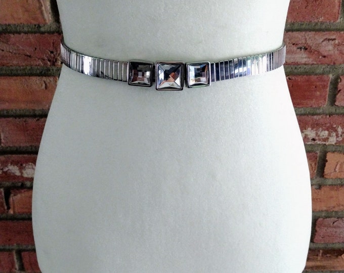 Vintage Metal Belt Shiny Silver Metal Stretch Clear Square Large ...
