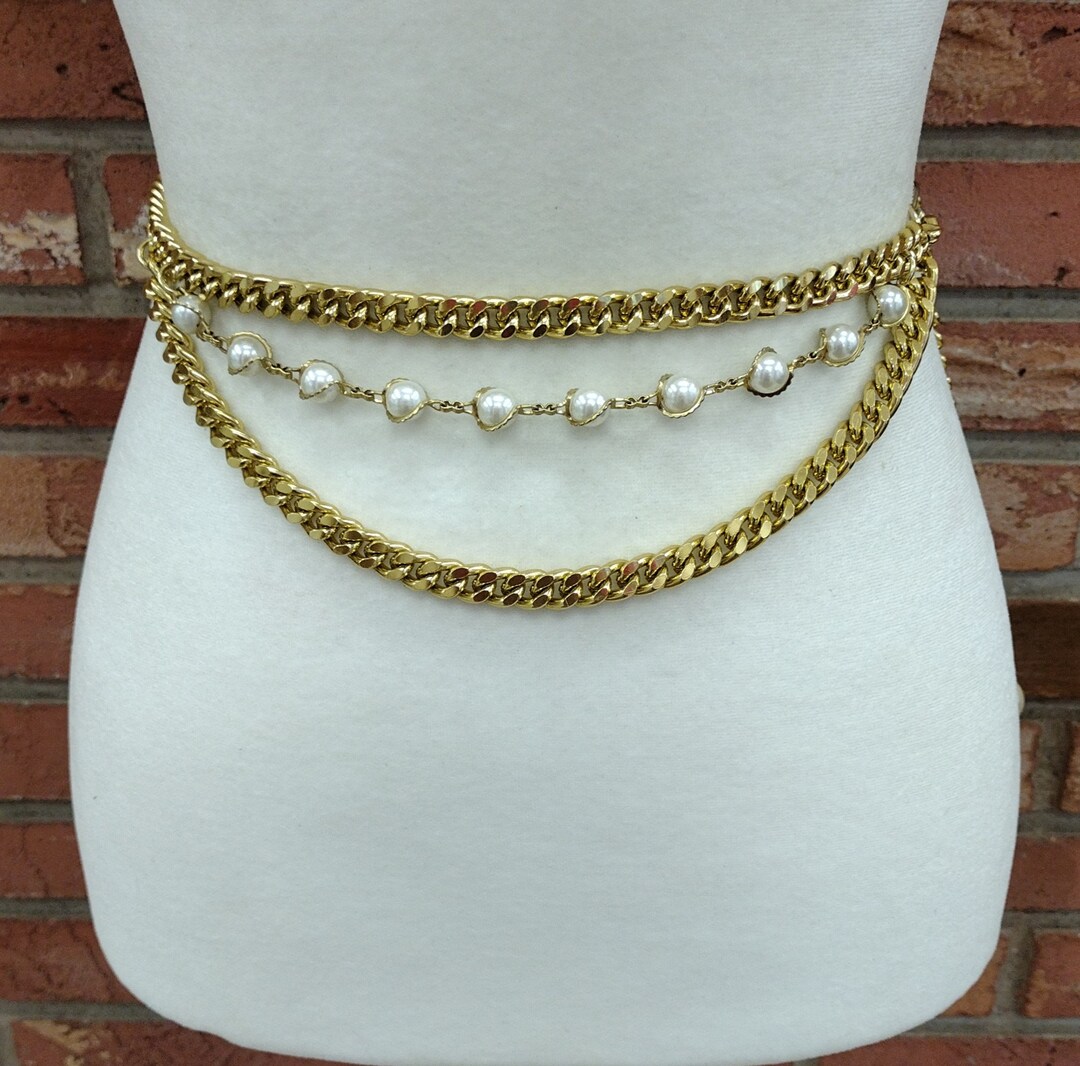 Vintage Chain Belt Gold Metal Curb Chain Faux White Pearls Three Triple ...