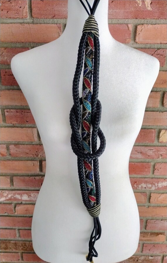 Vintage Beaded Belt Black Braided Rope Cording Black … - Gem