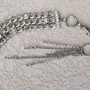 Vintage Chain Belt Silver Metal Wide Triple Chain Link Round Clear Rhinestones Hanging Chain ...
