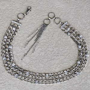 Vintage Chain Belt Silver Metal Wide Triple Chain Link Round Clear Rhinestones Hanging Chain ...