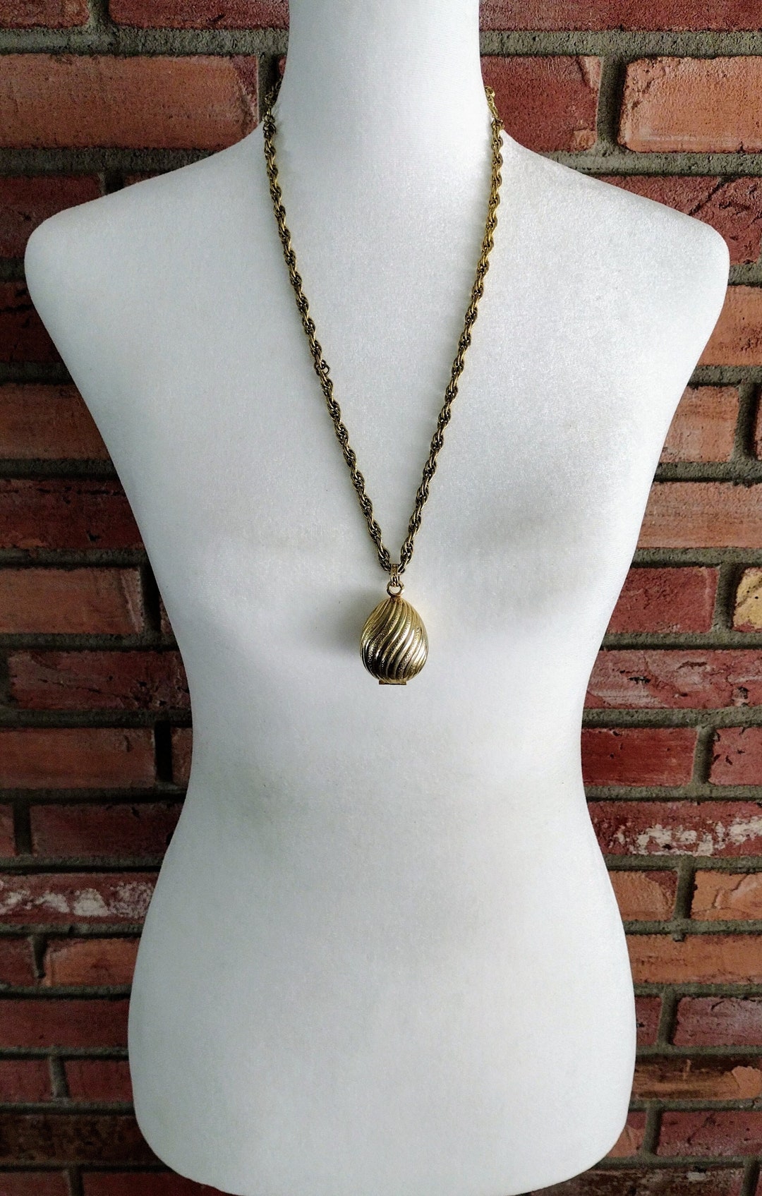 Vintage Avon Necklace Gold Metal Textured Metal Egg Locket Perfume ...