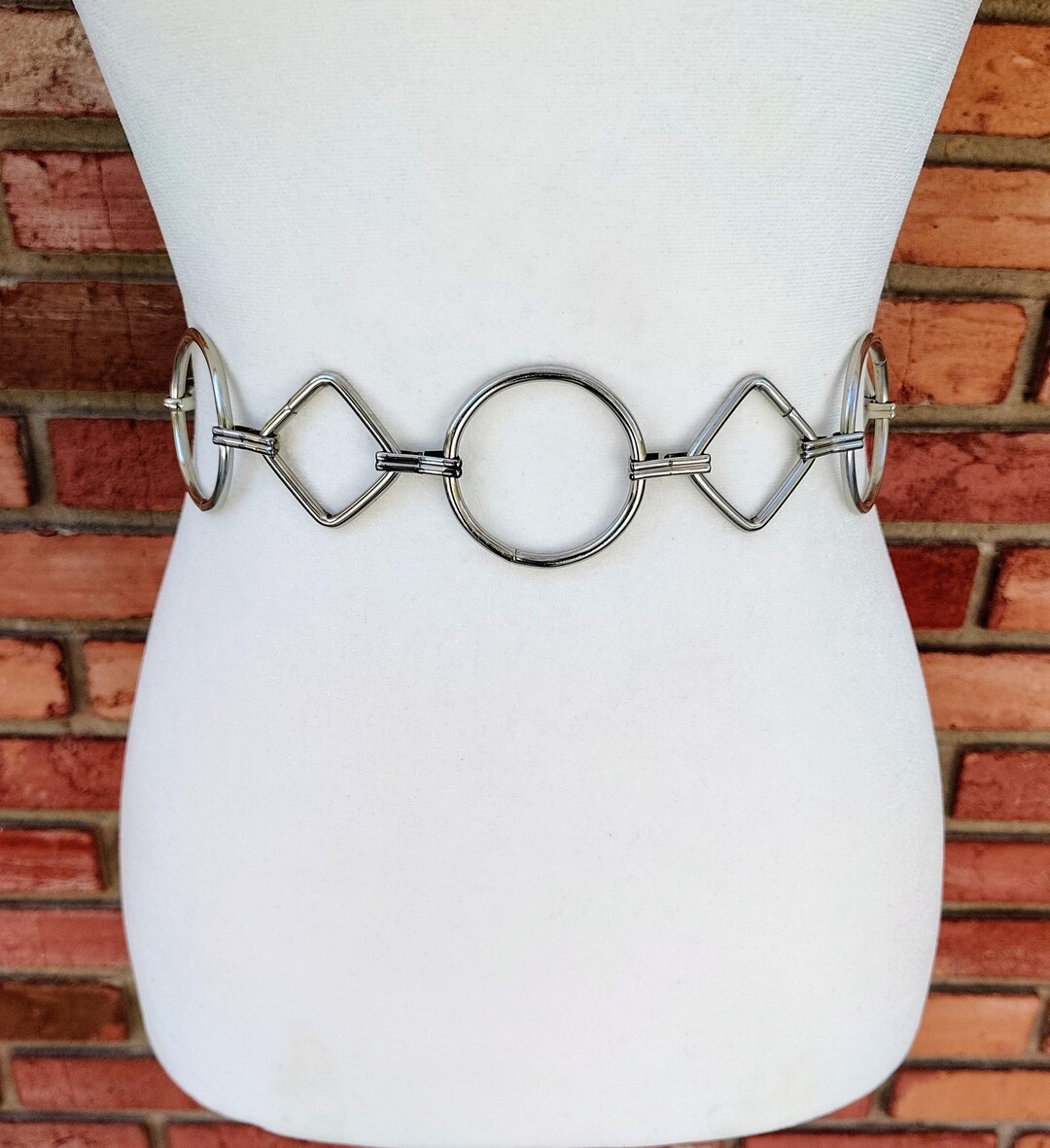 Vintage Chain Belt Shiny Silver Metal Circle Loops Diamond Squares Geometric Funky Retro ...