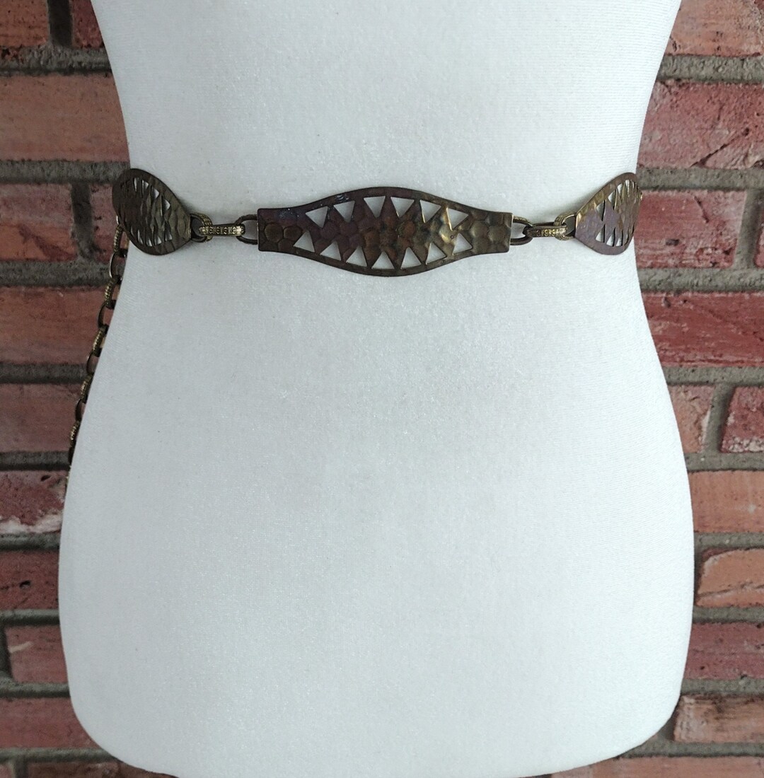 Vintage Chain Belt Hammered Gold Metal Textured Geometric Panel Links ...