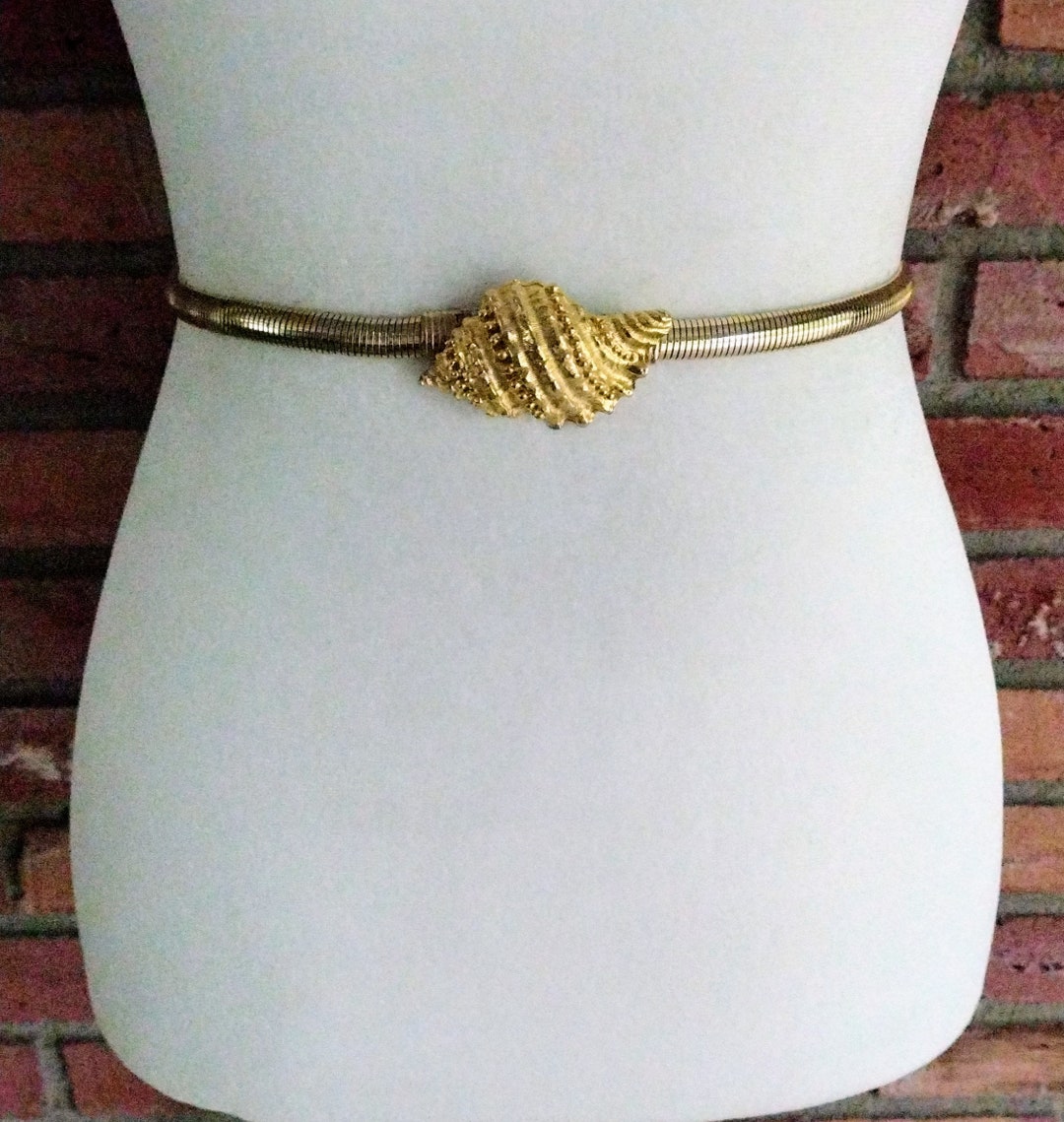 Vintage Snake Belt Conch Shell Seashell Ocean Sea Buckle Textured Gold ...