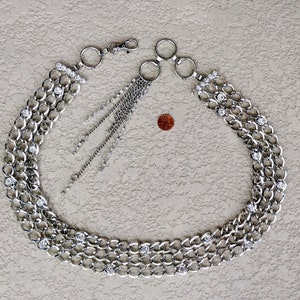 Vintage Chain Belt Silver Metal Wide Triple Chain Link Round Clear Rhinestones Hanging Chain ...