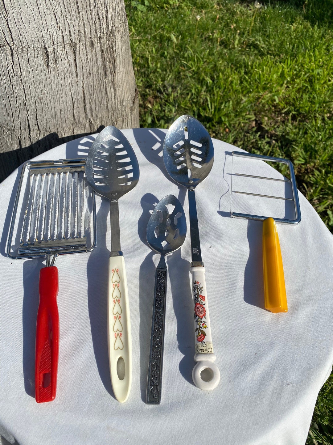 Assorted Vintage 1970's Cooking Utensils, Floral Slotted Spoons, Cheese ...