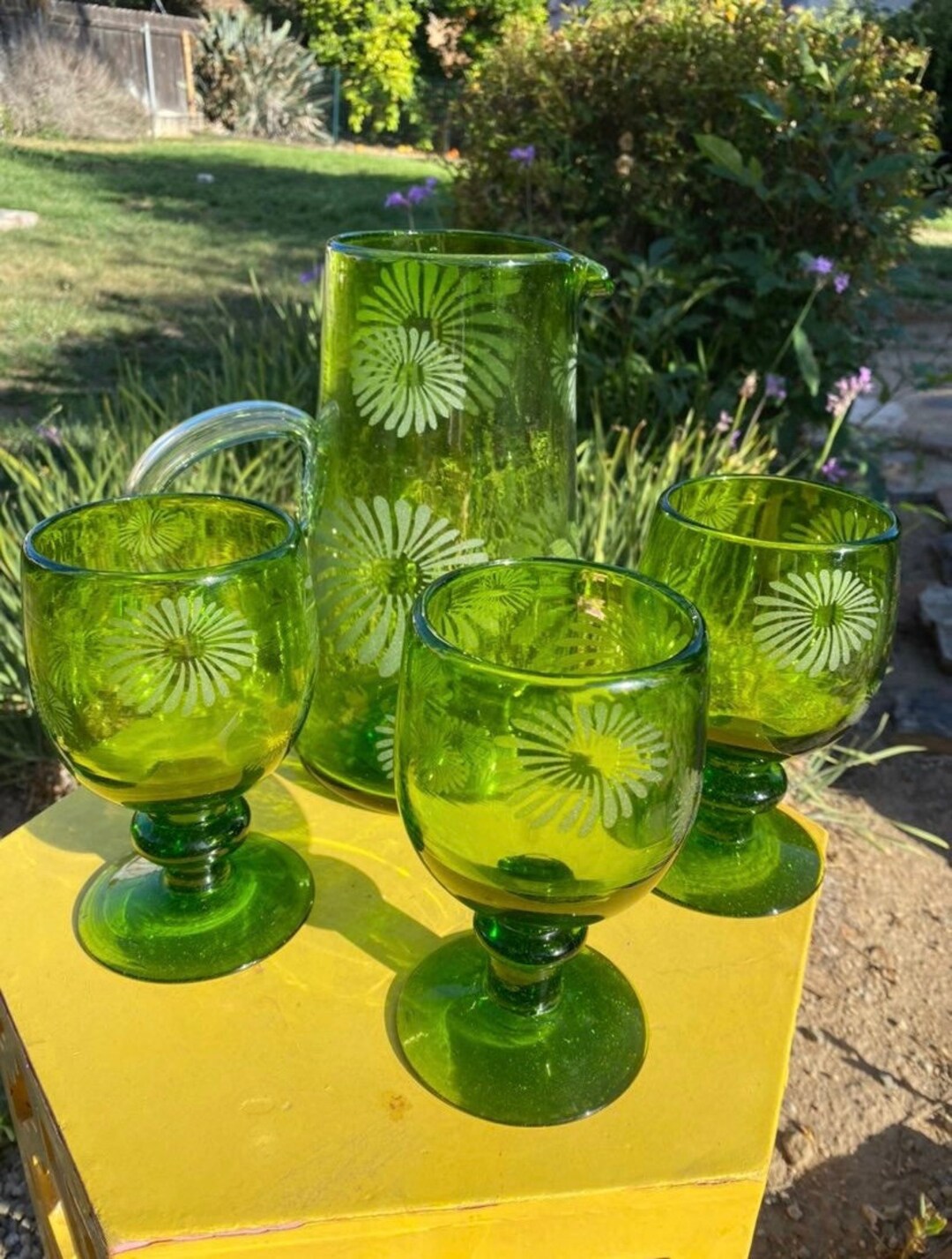 MCM 1960's Blenko Green Daisy Pitcher, Beverage Set - Etsy