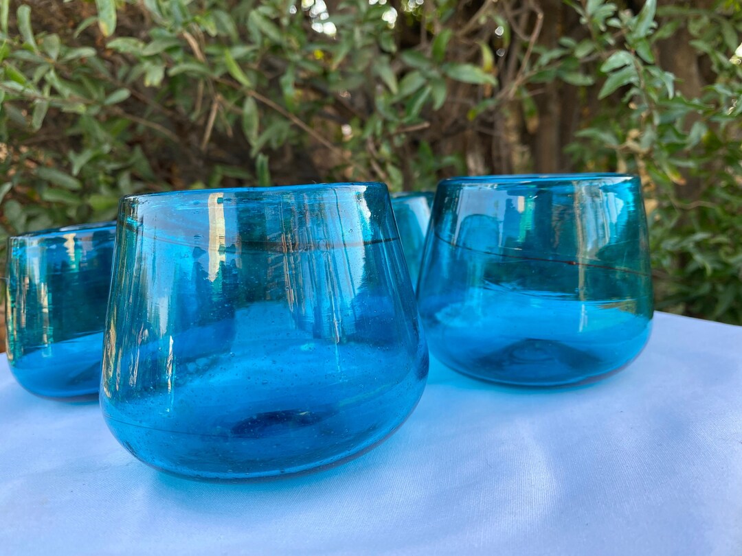 Vintage MCM Blue Bubble Glass Low Ball Round Cocktail Glasses - Etsy