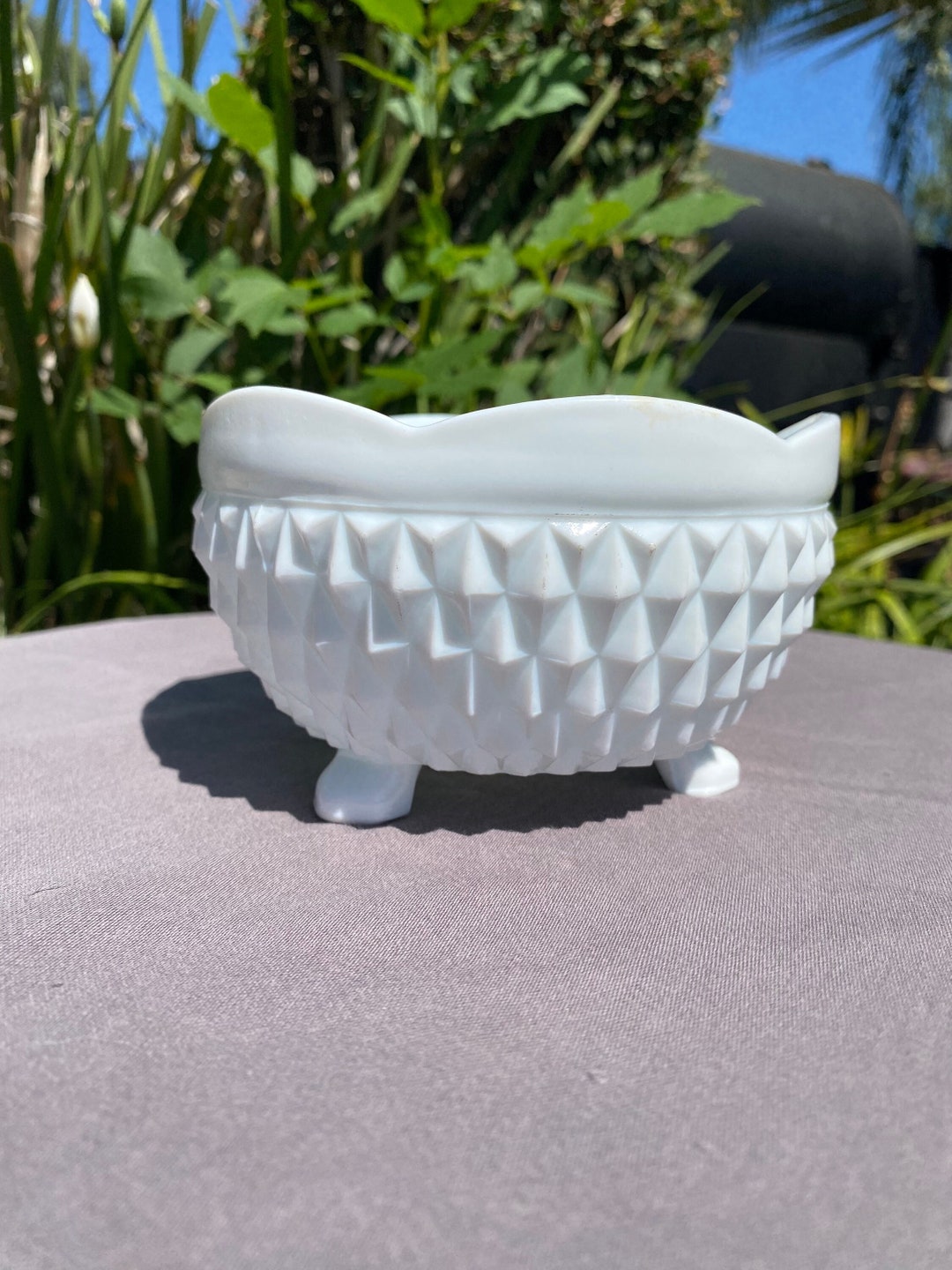Vintage Mid Century Indiana Glass Footed Diamond Point, Milk Glass Bowl ...
