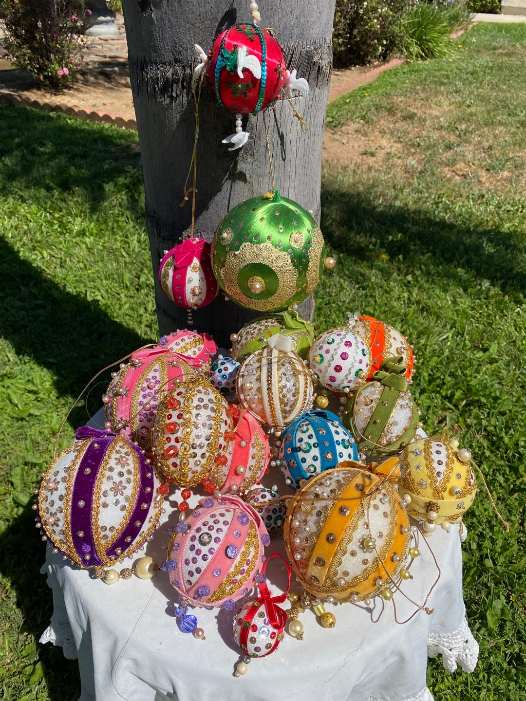 Vintage Handmade Beaded Satin Push Pin Christmas Ornaments - Etsy