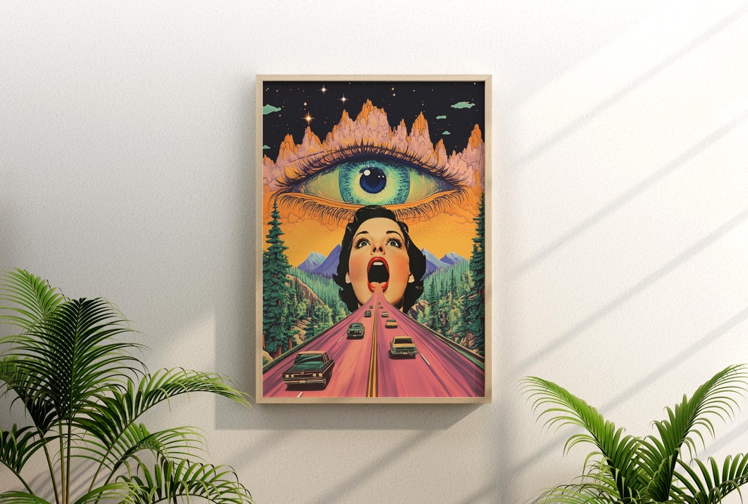 Trippy Surreal Art Print: Acid Highway, All Seeing Eye, Vintage Canvas ...
