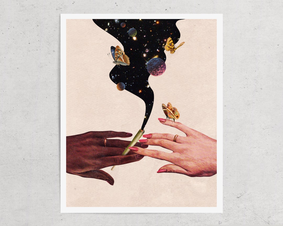 Deep Conversations - Cosmic Cannabis Collage Art Print, Vintage Style ...