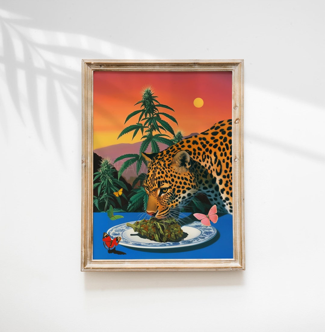 Leopard Eating Weed Art Print, Vibrant Psychedelic Surrealism - Etsy UK