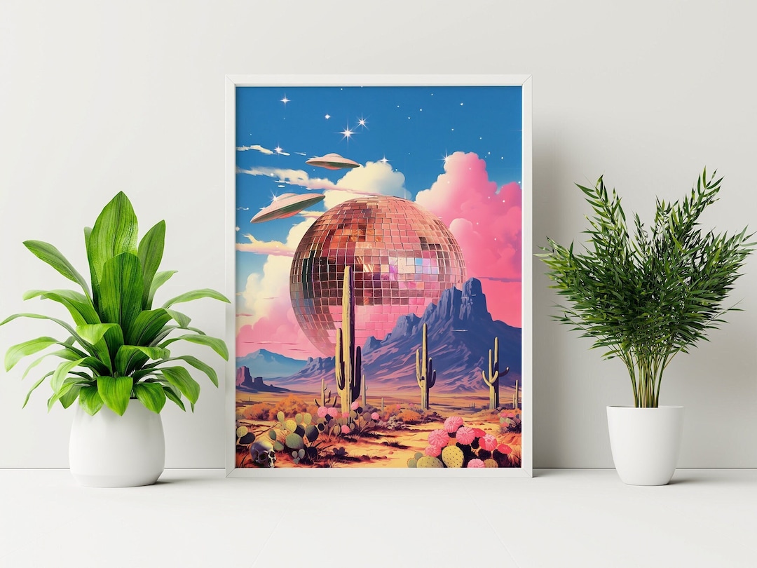 Trippy Disco Ball Landscape Art Print: Retro UFO Wall Art - Etsy