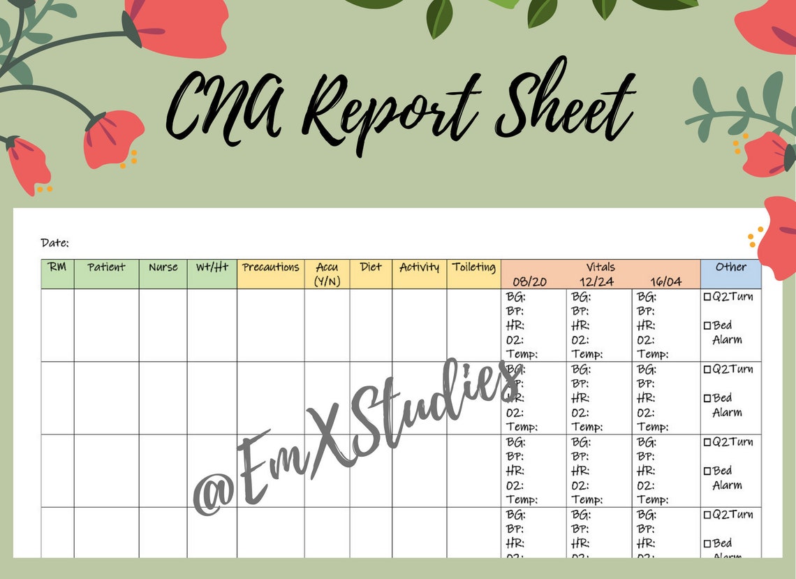 CNA Report Sheet, CNA Daily Flowsheet, PCT Report Sheet - Etsy