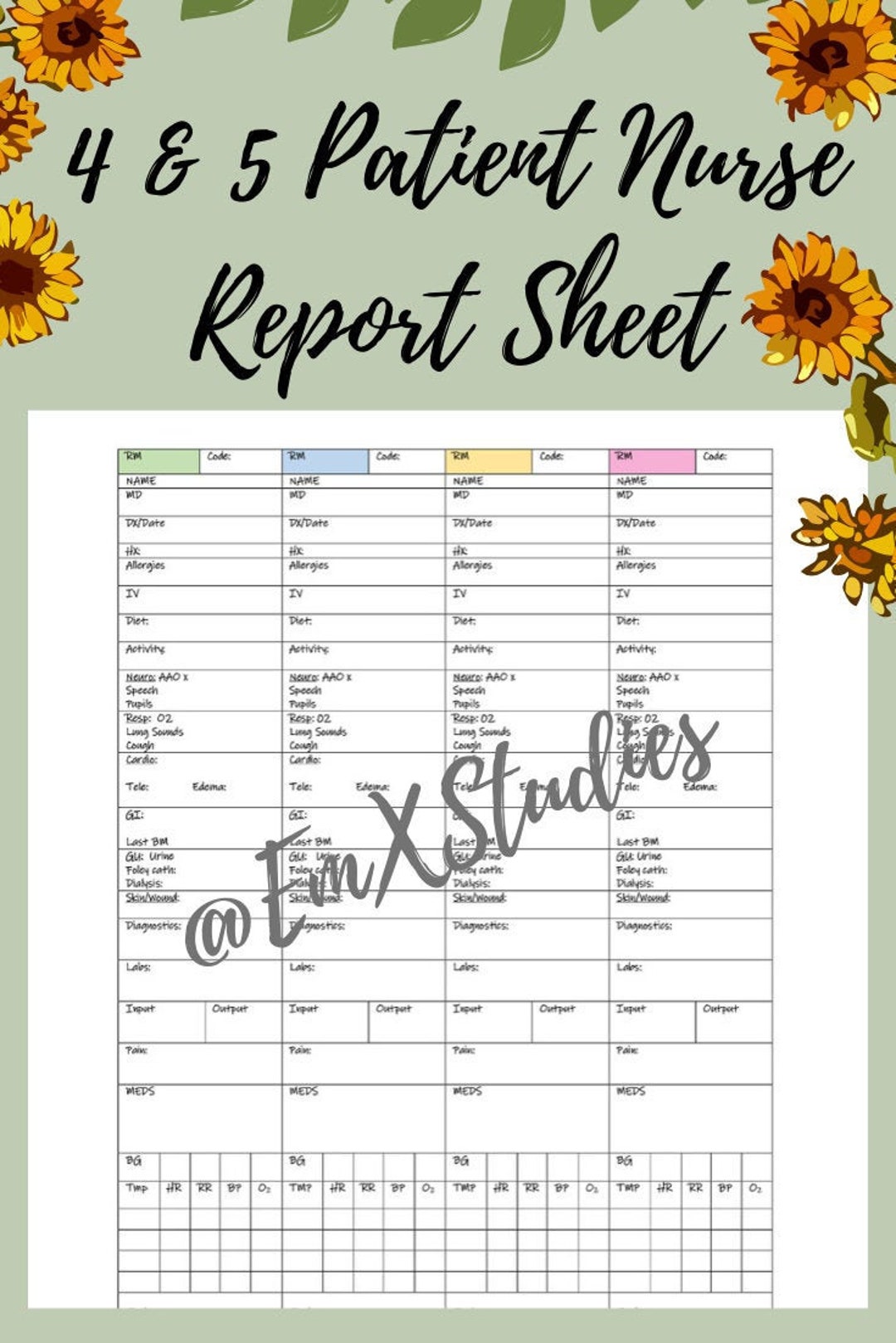 4 and 5 Patient Nurse Report Sheet, Color. Medical Surgical Report I ...