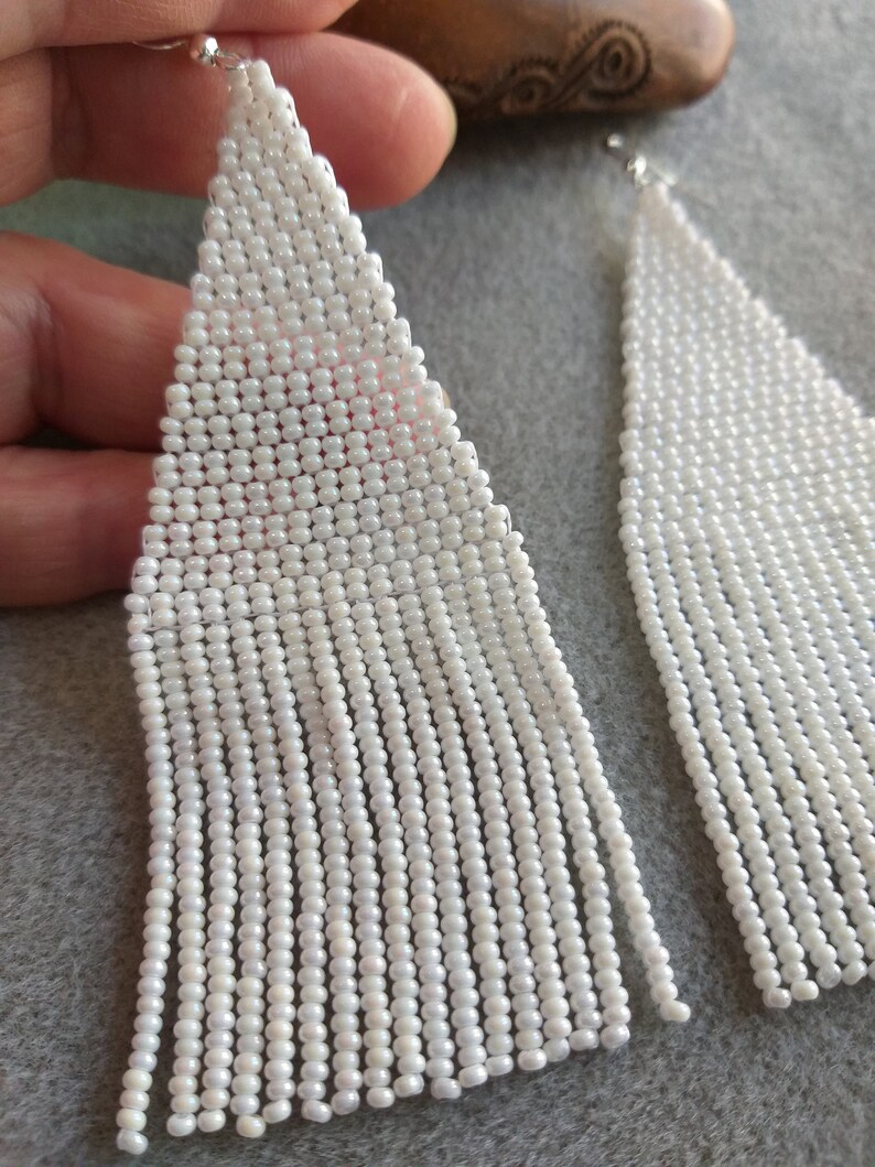 White Beaded Earrings, Big Native American Jewelry, Large Long Dangling ...