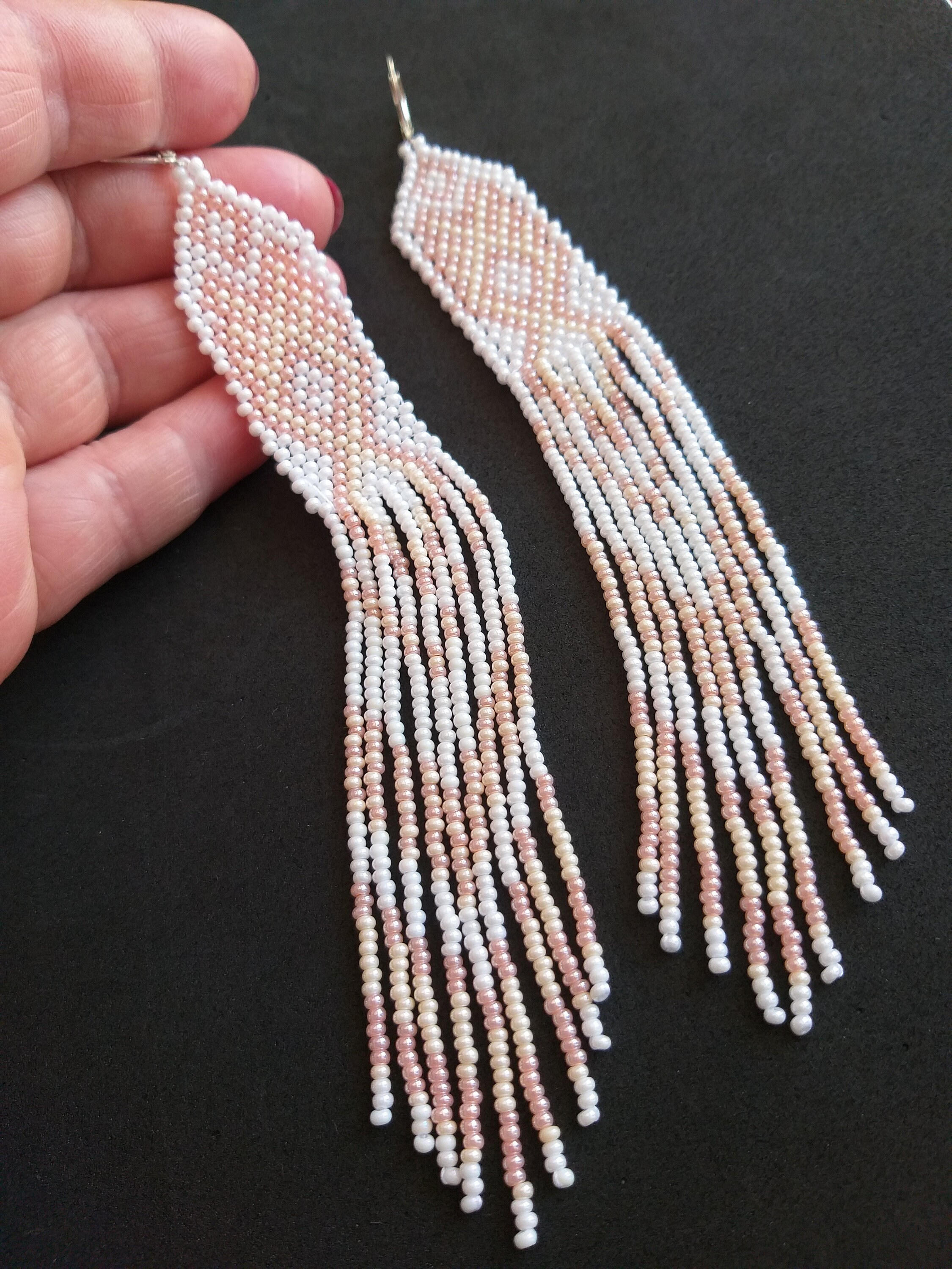 White Beaded Earrings Big Native American Jewelry Large Long - Etsy