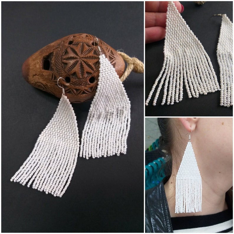 White Beaded Earrings, Big Native American Jewelry, Large Long Dangling ...