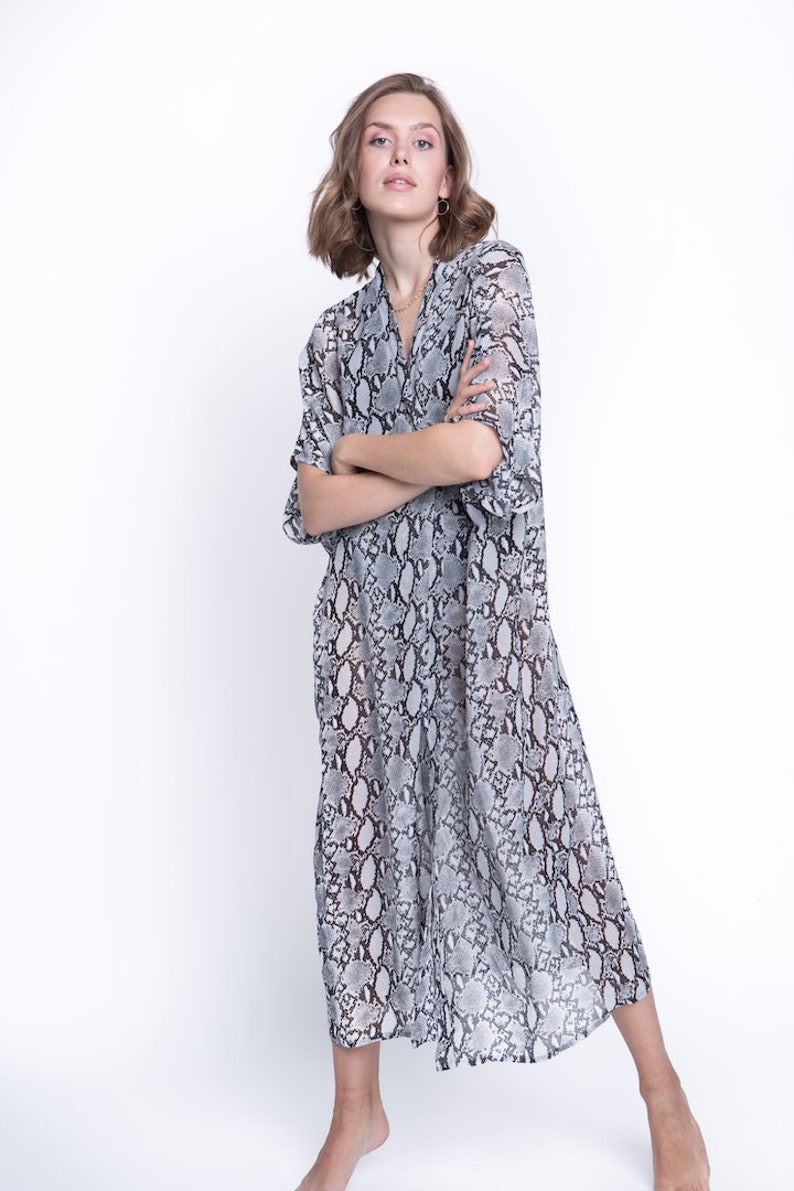 Animal Printed Long Beach Kimono With Embroidered Snake Application - Etsy