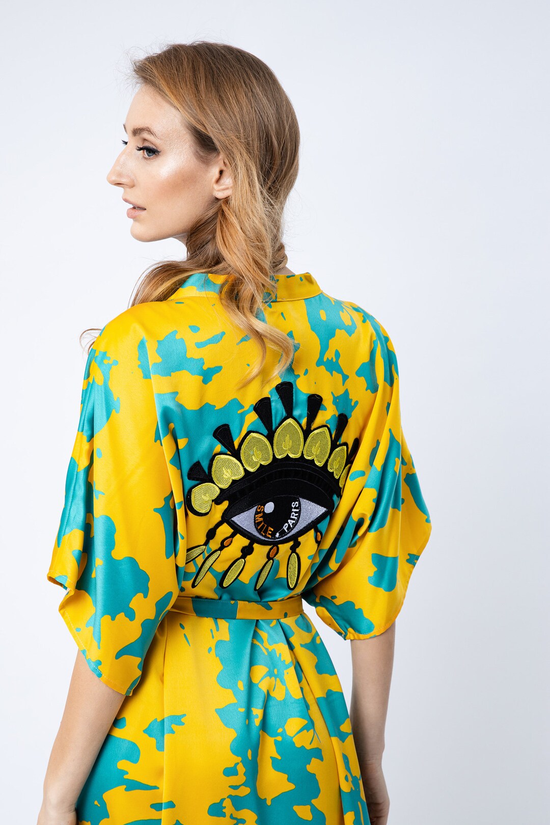 Printed Long Beach Kimono With Embroidered SNAKE Application - Etsy