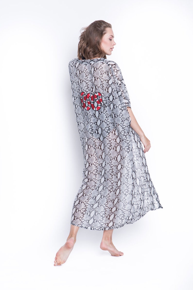 Animal Printed Long Beach Kimono With Embroidered Snake Application - Etsy