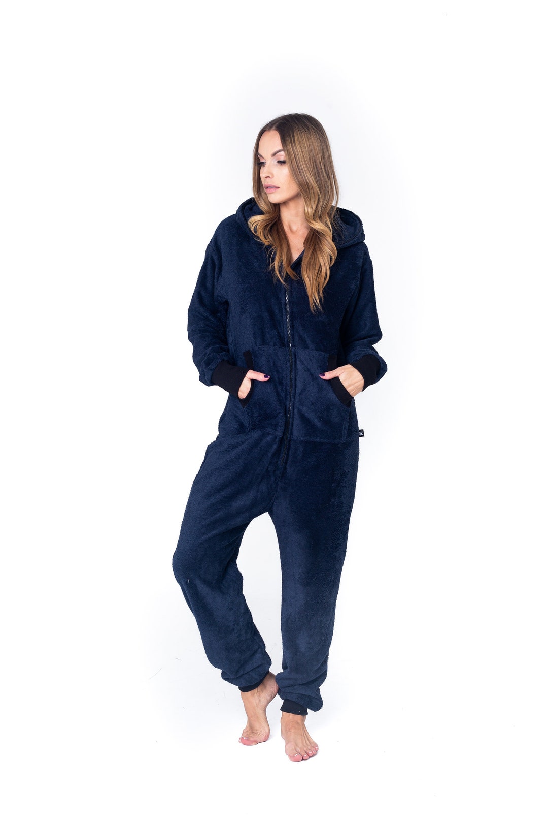 Adult Onesie, Dark Blue Frottee Unisex Adult Onesie, Hooded Pyjamas ...