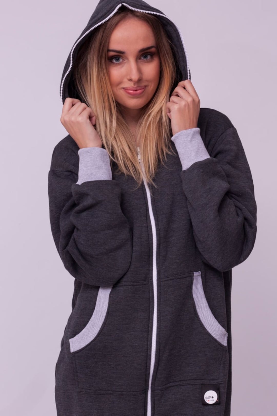 Adult Onesie, Dark Grey Unisex Overall, Hooded Pyjamas, Baggy Cotton ...