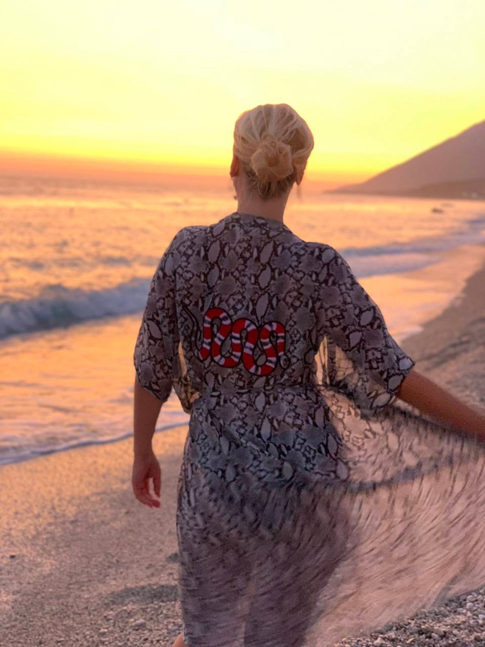 Animal Printed Long Beach Kimono With Embroidered Snake Application - Etsy
