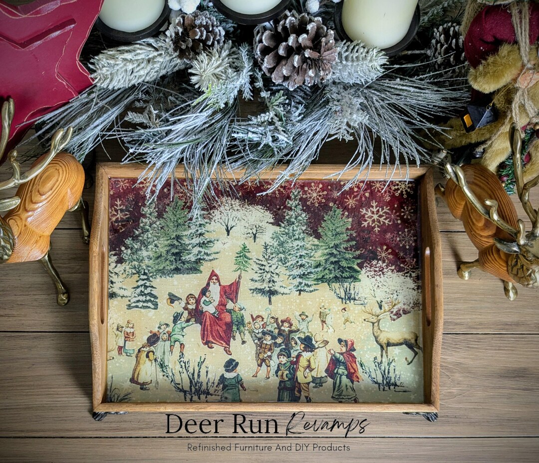 Decorative Holiday Tray, Wooden Serving Tray With Handles & Metal Feet ...