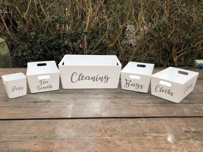 Personalised storage boxes Cleaning cupboard organisation | Etsy