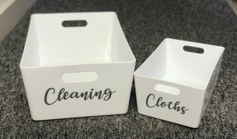 Personalised storage boxes Cleaning cupboard organisation | Etsy