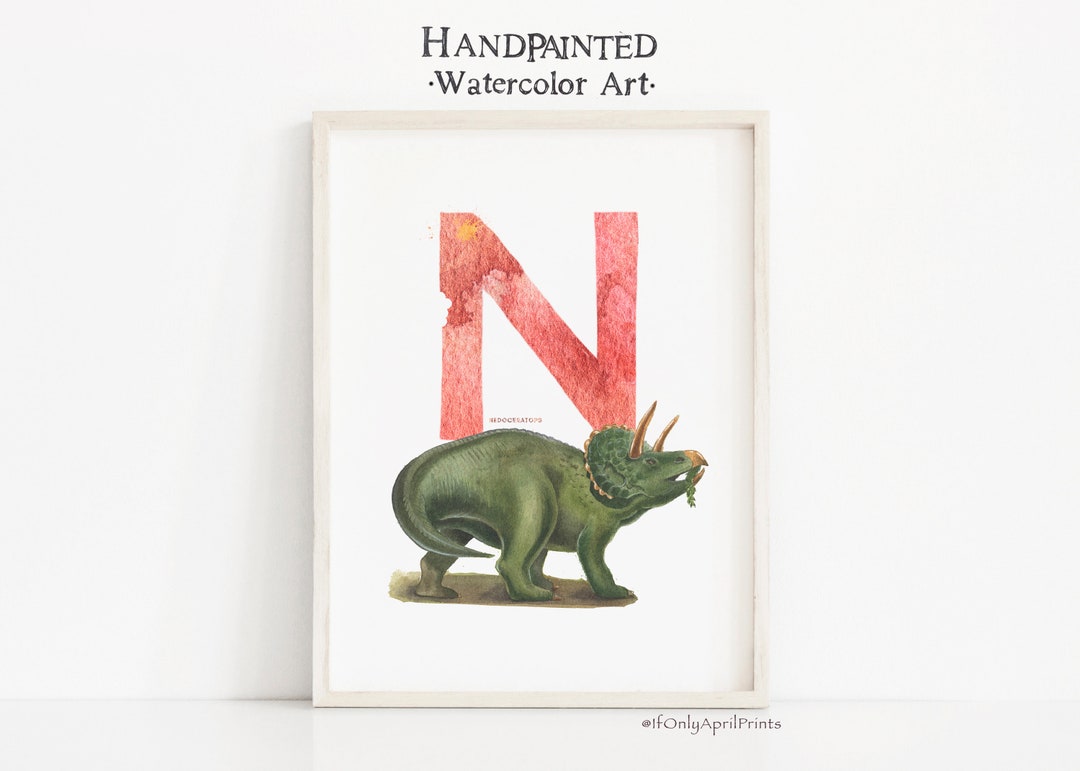 Letter N Nedoceratops Dinosaur Watercolor Print: Kids Room Decor ...