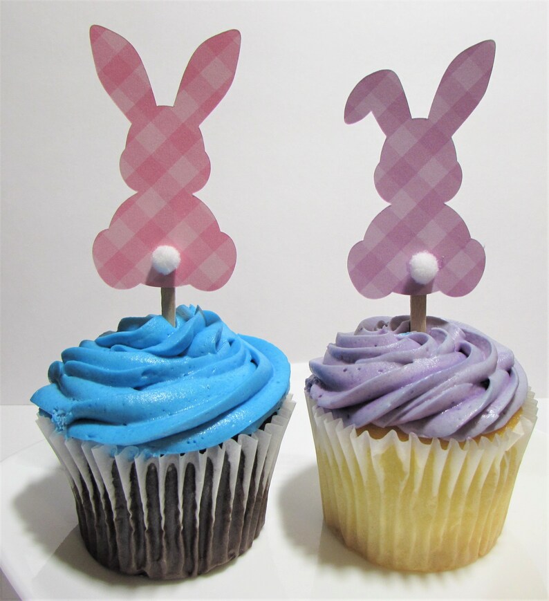 Easter Bunny Cupcake Toppers - Pastel Colored Gingham Cupcake Toppers ...