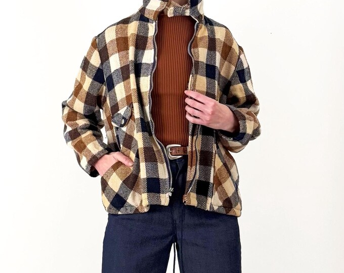 70s Montgomery Ward Plaid Wool Bomber Jacket | Drawstring Waist High ...