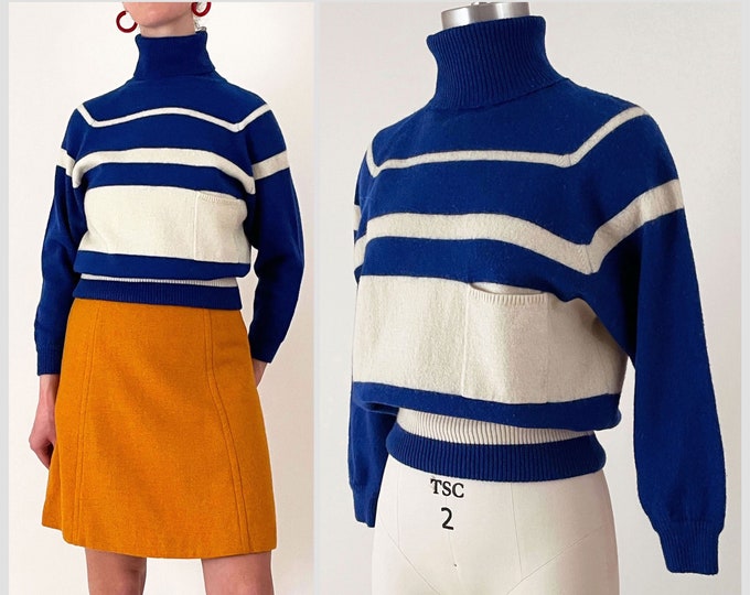 80s Liz Claiborne Cropped Cheer Style Turtleneck Sweater | Blue and ...