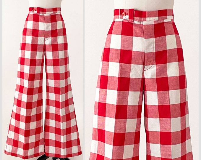 70s Plaid Bell Bottoms | Red and White Buffalo Check High Waisted Wide ...