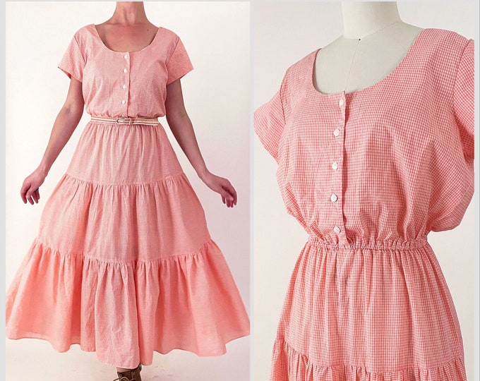 70s 80s Peach Gingham Prairie Dress | Sunshine Starshine Pink Peach ...