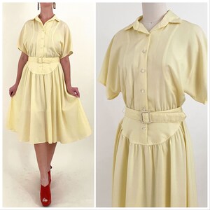 80s Yellow Belted Midi Dress Pale Yellow Shirtwaist Midi - Etsy
