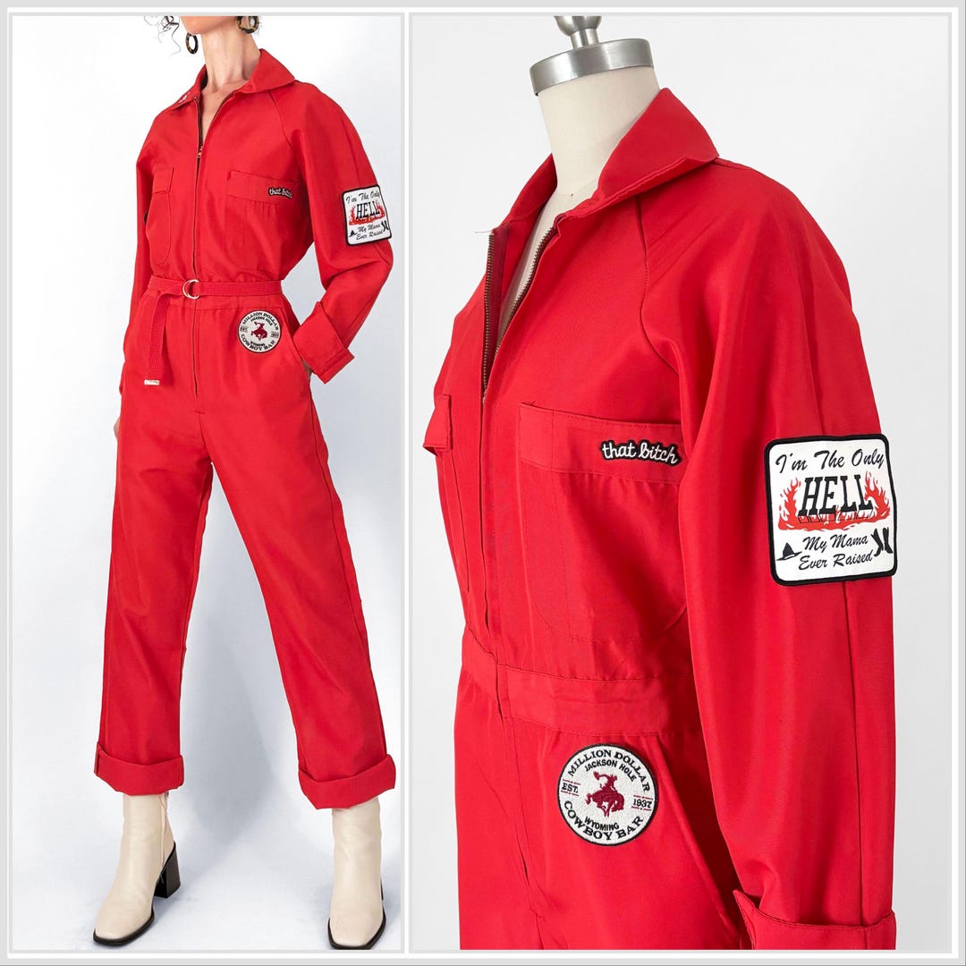 80s Red Pit Crew Coveralls Jumpsuit With Patches | Century 21 Zip Front ...