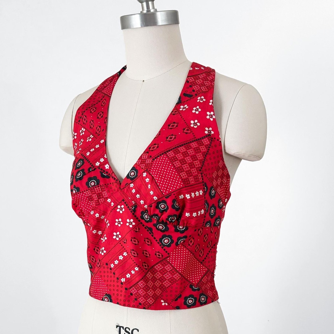 70s Red Bandana Cropped Halter Top | Rockabilly Handmade Bandana ...