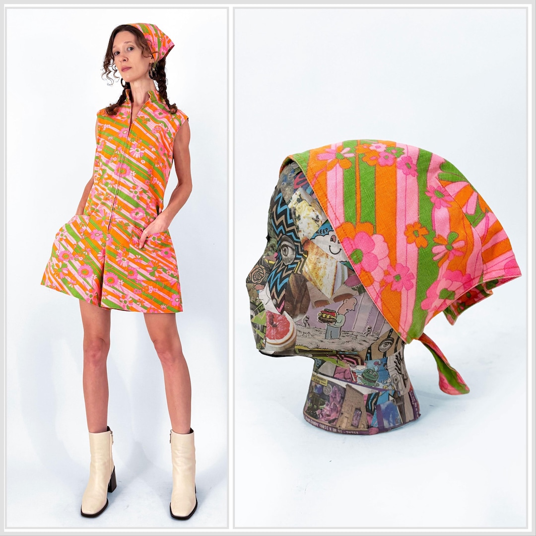 60s Psychedelic Floral Romper Bonnet Set | Pink Green Floral Wide Leg ...