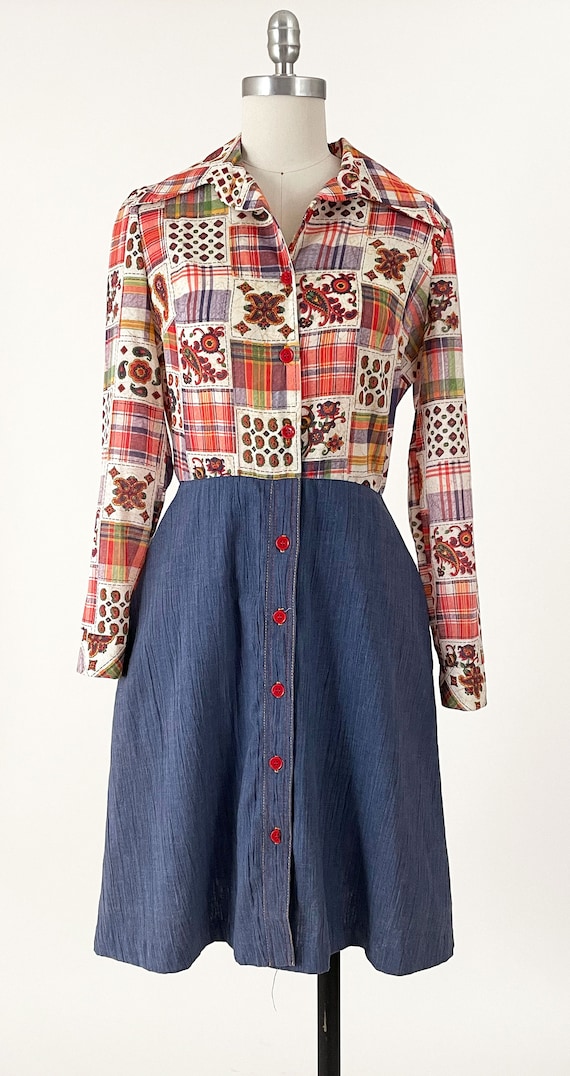 70s Mod Patchwork Print Button Front Dress | Boho Pat… - Gem