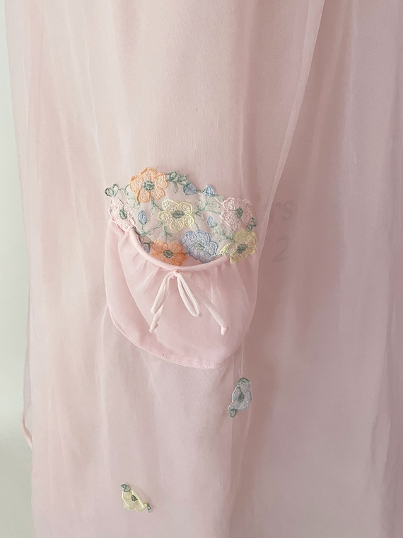 60s Pink Floral Embroidered Negligee | Sheer Pink Nyl… - Gem