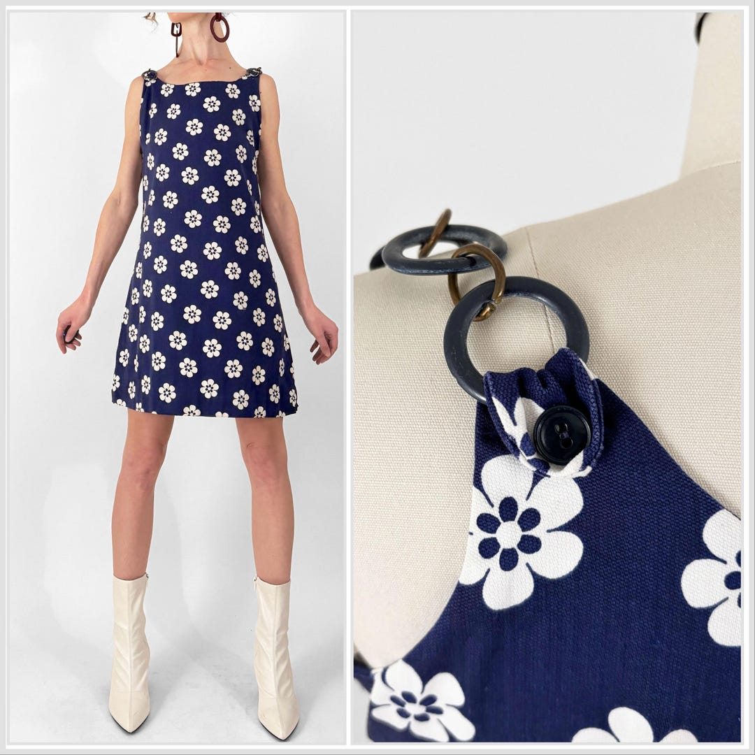 60s Navy Blue Floral Chain Strap Minidress | Mod Flower Power Chain ...