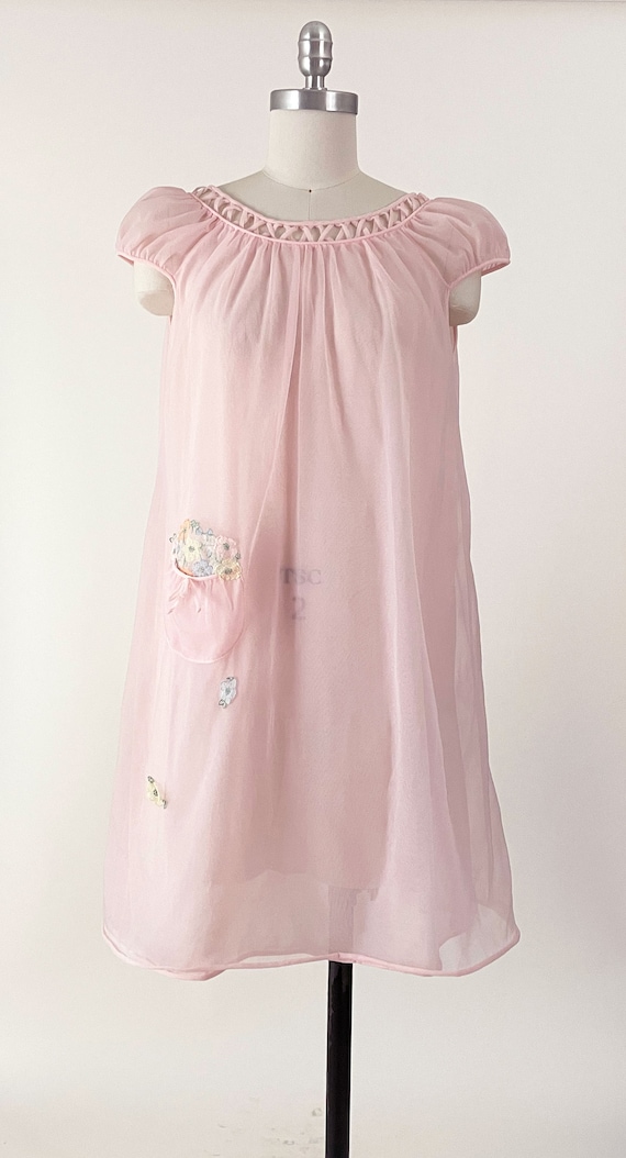 60s Pink Floral Embroidered Negligee | Sheer Pink Nyl… - Gem