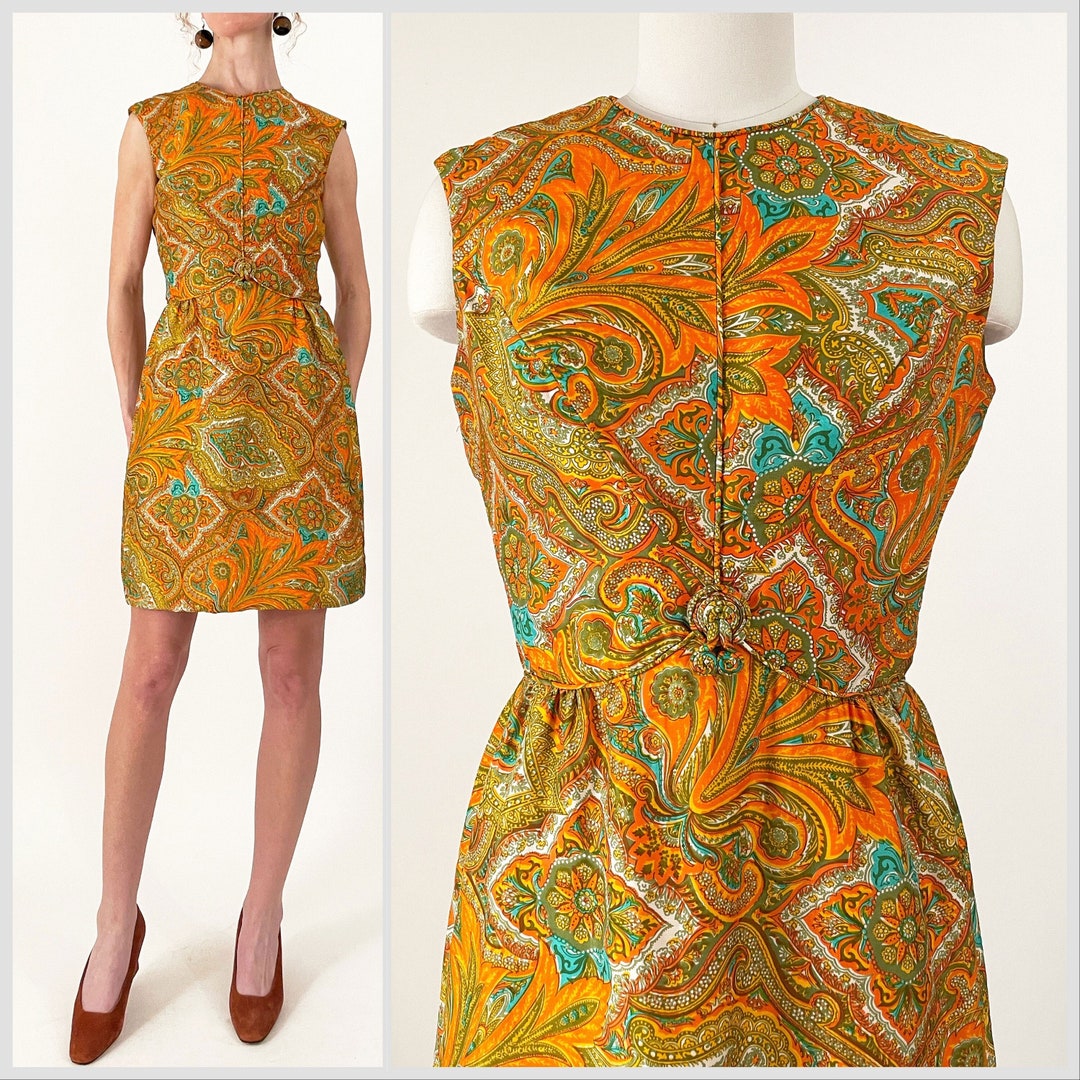 60s Bonwit Teller Orange Paisley Psych Dress | Rona Satin Paisley Frog ...