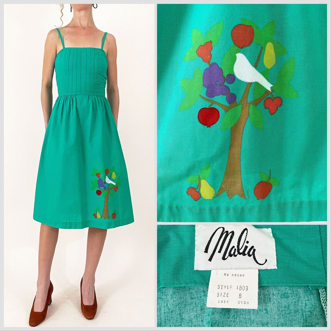 70s Malia Green Strappy Sundress With Fruit Tree Motif | Boho Chic ...